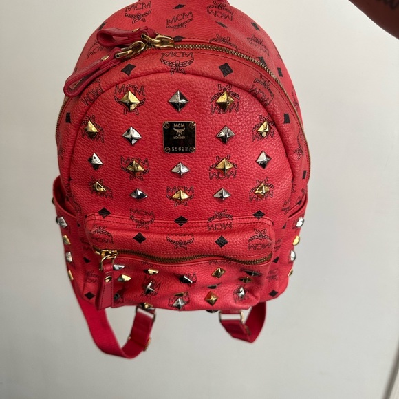 MCM | Bags | Mcm Red Backpack With Gold And Silver Studs | Poshmark